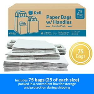 Reli. Paper Bags w/Handles, White | Assorted Large Sizes | 75 Pcs (25 Bags Per Size) - Bulk | 8x4.25x10-10x5x13-16x6x12 | White Paper Bags Combo Pack | Retail Bags/Shopping Bags, Gift Bags