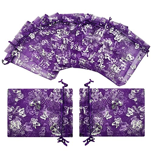 Ankirol 100pcs Sheer Organza Favor Bags Purple Butterfly Print for Wedding Bags Samples Display Drawstring Pouches (4x6)