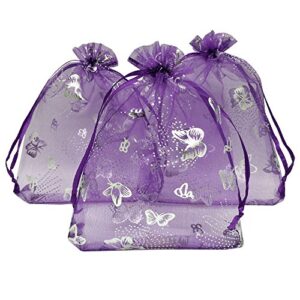 Ankirol 100pcs Sheer Organza Favor Bags Purple Butterfly Print for Wedding Bags Samples Display Drawstring Pouches (4x6)