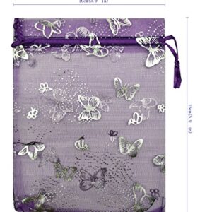 Ankirol 100pcs Sheer Organza Favor Bags Purple Butterfly Print for Wedding Bags Samples Display Drawstring Pouches (4x6)