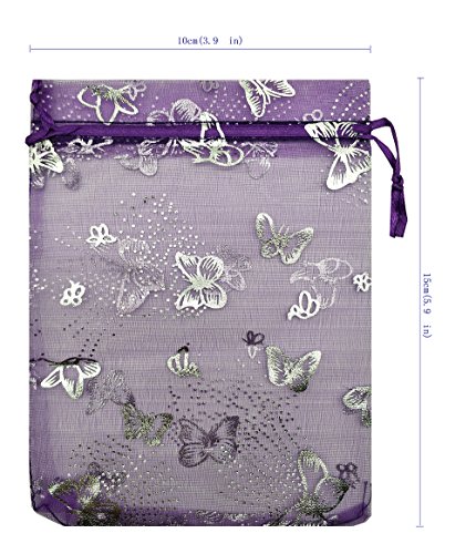 Ankirol 100pcs Sheer Organza Favor Bags Purple Butterfly Print for Wedding Bags Samples Display Drawstring Pouches (4x6)