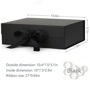 SDALU Gift Box with Ribbon10.4 x 7.5 x 3.1Inches, Black Gift Box with Magnetic Lid, Collapsible Gift Box, Paper Bags and Paper filler, Luxury Presents Box for Wedding Christmas Gifts Birthdays