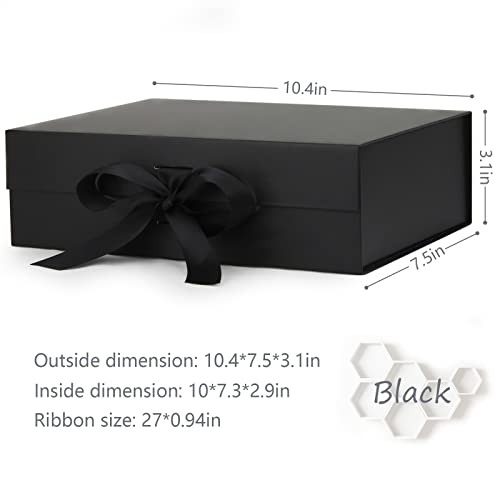 SDALU Gift Box with Ribbon10.4 x 7.5 x 3.1Inches, Black Gift Box with Magnetic Lid, Collapsible Gift Box, Paper Bags and Paper filler, Luxury Presents Box for Wedding Christmas Gifts Birthdays