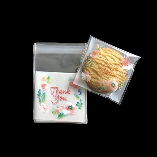 200 Count Cookie Bags Self Adhesive Cellophane Bags Bulk, OPP Plastic Treat Bags Sealable Thank You Printed Cello Bags for Candy Dessert, Party Treats, Bakery, Candle, Soap(3.9 x 5.3 inches)