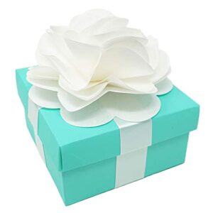 premium favor gift box for wedding, bridal shower, birthday and all events, 4x4x2 size, 10 count per pack (1-pack, robin egg blue) – includes white satin ribbons & paper flower for each box