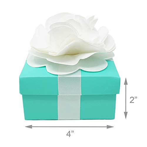 Premium Favor Gift Box for Wedding, Bridal Shower, Birthday and All Events, 4x4x2 Size, 10 Count Per Pack (1-Pack, Robin Egg Blue) - Includes White Satin Ribbons & Paper Flower for Each Box