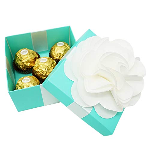 Premium Favor Gift Box for Wedding, Bridal Shower, Birthday and All Events, 4x4x2 Size, 10 Count Per Pack (1-Pack, Robin Egg Blue) - Includes White Satin Ribbons & Paper Flower for Each Box