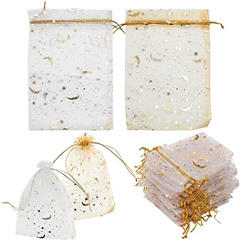 Jtuxcke 100PCS White and Gold Organza Bags, 5x7 Hot Stamping Star and Moon Pattern Wedding Gift Bag Organza Gifts Bags Candy Pouch with Drawstring for Wedding Party Christmas