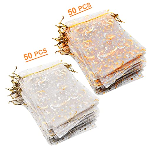 Jtuxcke 100PCS White and Gold Organza Bags, 5x7 Hot Stamping Star and Moon Pattern Wedding Gift Bag Organza Gifts Bags Candy Pouch with Drawstring for Wedding Party Christmas