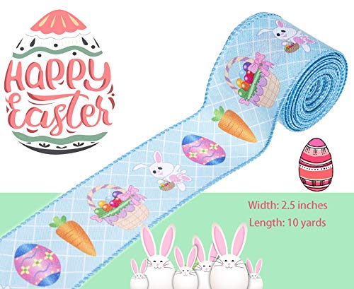 ATRBB Easter Wired Ribbon,2 1/2 Inch by 10 Yards Easter Egg Bunny Carrots Ribbon for Gift Wrapping,Wreath and Party Decoration