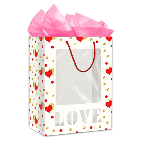 SICOHOME Valentines Day Gift Bag with Clear Window and Handles 11.5" Clear Anniversary Bags with Wrapping Tissue Valentines Gift Bags for Her Him Girlfriend Boyfriend Wife Women Wedding