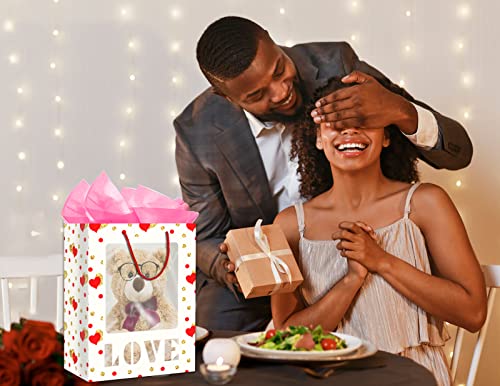 SICOHOME Valentines Day Gift Bag with Clear Window and Handles 11.5" Clear Anniversary Bags with Wrapping Tissue Valentines Gift Bags for Her Him Girlfriend Boyfriend Wife Women Wedding