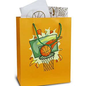 CoTa Global Basketball Gift Bag with Tissue Paper - Premium Large Gift Bag with String Handles, Reusable Orange Basketball Sport Gift Bag and Tissue Paper Set for Birthday and Occasions - 13 Inch