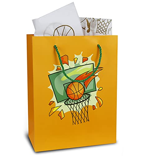 CoTa Global Basketball Gift Bag with Tissue Paper - Premium Large Gift Bag with String Handles, Reusable Orange Basketball Sport Gift Bag and Tissue Paper Set for Birthday and Occasions - 13 Inch