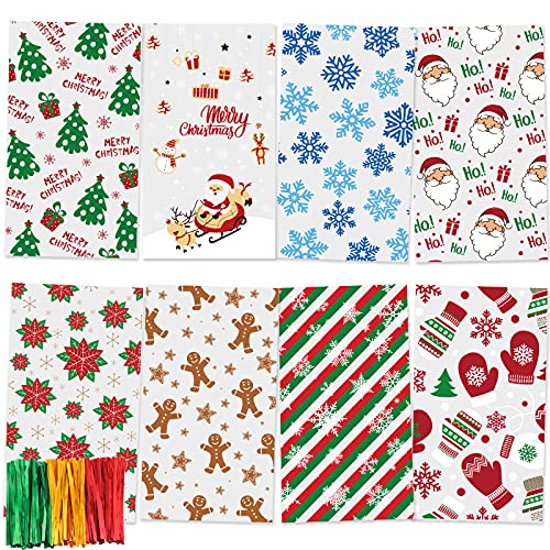 SUPERLELE Christmas Cellophane Bags 168pcs Christmas Treat Bags with 180pcs Twist Ties 8 Assorted Styles Christmas Candy Bags Sled and Woollen Gloves Pattern Snack Bags for Christmas Party Supplies