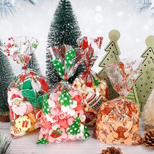 SUPERLELE Christmas Cellophane Bags 168pcs Christmas Treat Bags with 180pcs Twist Ties 8 Assorted Styles Christmas Candy Bags Sled and Woollen Gloves Pattern Snack Bags for Christmas Party Supplies