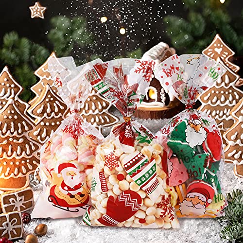 SUPERLELE Christmas Cellophane Bags 168pcs Christmas Treat Bags with 180pcs Twist Ties 8 Assorted Styles Christmas Candy Bags Sled and Woollen Gloves Pattern Snack Bags for Christmas Party Supplies