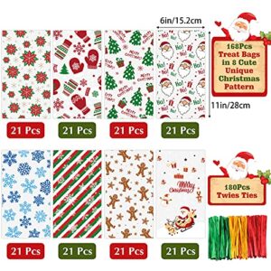 SUPERLELE Christmas Cellophane Bags 168pcs Christmas Treat Bags with 180pcs Twist Ties 8 Assorted Styles Christmas Candy Bags Sled and Woollen Gloves Pattern Snack Bags for Christmas Party Supplies