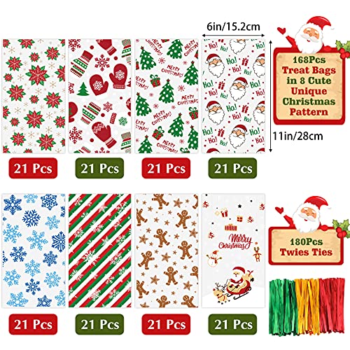 SUPERLELE Christmas Cellophane Bags 168pcs Christmas Treat Bags with 180pcs Twist Ties 8 Assorted Styles Christmas Candy Bags Sled and Woollen Gloves Pattern Snack Bags for Christmas Party Supplies