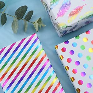 Premium Foil Birthday Wrapping Paper Flat Sheets (6-Sheets, 3-Designs: 23 sq. ft. ttl)- Colorful Gold Rainbow Feather, Polka dot, Stripe-Gift Wrap for Birthday, Wedding, Christmas Day, Happy New Years,Valentine's Day, Baby Shower, Bridal Shower