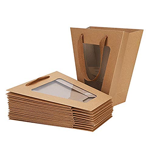 Medium Flower Bouquet Gift Bags with Handles 10 Pack Tote Paper Bags with Transparent Window Kraft Paper Florist Gift Packing Bags for Wedding Party Anniversary