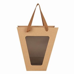 Medium Flower Bouquet Gift Bags with Handles 10 Pack Tote Paper Bags with Transparent Window Kraft Paper Florist Gift Packing Bags for Wedding Party Anniversary