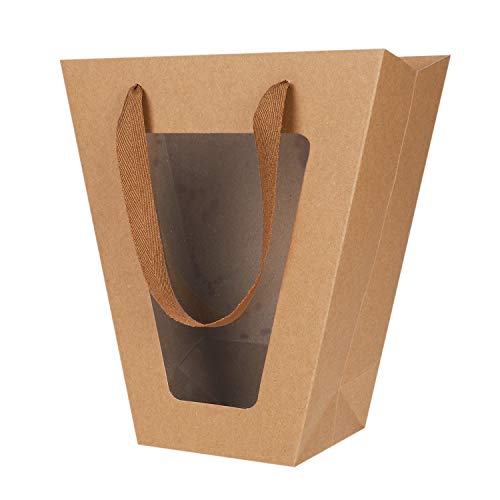 Medium Flower Bouquet Gift Bags with Handles 10 Pack Tote Paper Bags with Transparent Window Kraft Paper Florist Gift Packing Bags for Wedding Party Anniversary