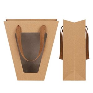 Medium Flower Bouquet Gift Bags with Handles 10 Pack Tote Paper Bags with Transparent Window Kraft Paper Florist Gift Packing Bags for Wedding Party Anniversary