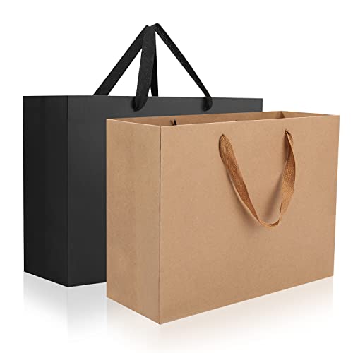 DODHEG 16 Pcs Black and Brown Kraft Gift Bags, 13.8"x 10.2"x5.2" Kraft Paper Bags with Handles, Party Favor Bags, for Shopping Bags, Retail Bags, Wedding Bags, Party Favors, Birthday, Wedding.