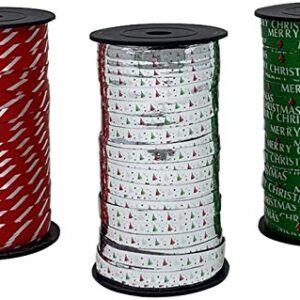 Celebrate A Holiday Christmas Curling Ribbon 3 Pack, Green, Metallic Silver, Red & White Stripes, Christmas Holiday Party Crafts Supplies Decorations - 100 Yards Per Roll - 900 Feet Total Curly Ribbon