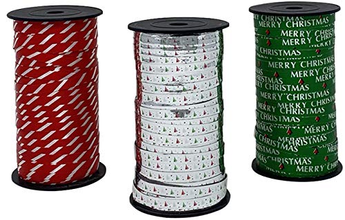 Celebrate A Holiday Christmas Curling Ribbon 3 Pack, Green, Metallic Silver, Red & White Stripes, Christmas Holiday Party Crafts Supplies Decorations - 100 Yards Per Roll - 900 Feet Total Curly Ribbon