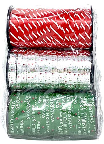 Celebrate A Holiday Christmas Curling Ribbon 3 Pack, Green, Metallic Silver, Red & White Stripes, Christmas Holiday Party Crafts Supplies Decorations - 100 Yards Per Roll - 900 Feet Total Curly Ribbon