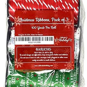 Celebrate A Holiday Christmas Curling Ribbon 3 Pack, Green, Metallic Silver, Red & White Stripes, Christmas Holiday Party Crafts Supplies Decorations - 100 Yards Per Roll - 900 Feet Total Curly Ribbon