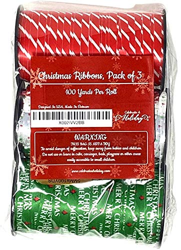 Celebrate A Holiday Christmas Curling Ribbon 3 Pack, Green, Metallic Silver, Red & White Stripes, Christmas Holiday Party Crafts Supplies Decorations - 100 Yards Per Roll - 900 Feet Total Curly Ribbon