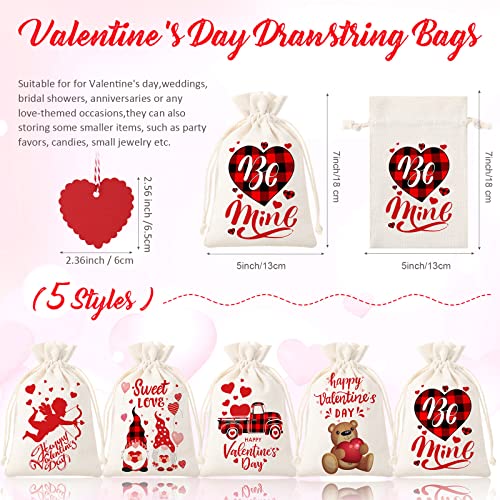 20 Pieces Valentine's Day Gift Bags with Drawstring Linen Cloth Candy Jewelry Pouches Sacks Small Muslin Bags with Heart Tag Labels and Ropes for Valentine's Day Wedding Bridal Shower, 5 x 7 Inch