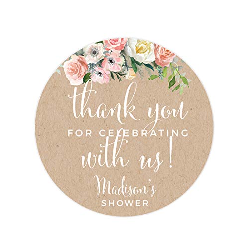 Andaz Press Peach Coral Kraft Brown Rustic Floral Garden Party Wedding Collection, Personalized Round Circle Label Stickers, Thank You for Celebrating with US, 40-Pack, Custom Name