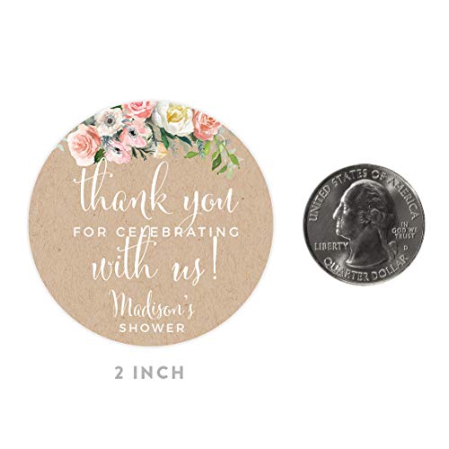 Andaz Press Peach Coral Kraft Brown Rustic Floral Garden Party Wedding Collection, Personalized Round Circle Label Stickers, Thank You for Celebrating with US, 40-Pack, Custom Name