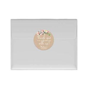 Andaz Press Peach Coral Kraft Brown Rustic Floral Garden Party Wedding Collection, Personalized Round Circle Label Stickers, Thank You for Celebrating with US, 40-Pack, Custom Name