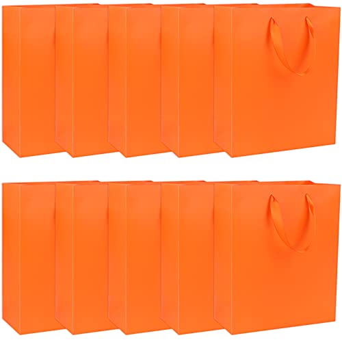 10 Pcs Orange Paper Gift Bag Wide Handle Cardstock Paper Bags All-Occasion Paper Bags Heavy Duty Shopping Bags Reusable Business Bag Vogue Paper Gift Bags Take Out Bags with Tissue,9.8"*5.1"*12.6"