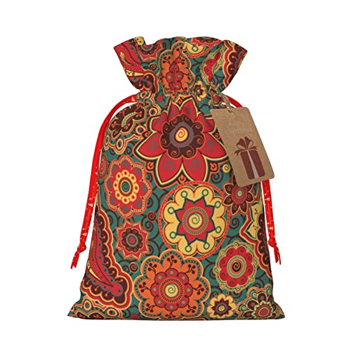 Drawstrings Christmas Gift Bags Retro-Colored-Paisley-Ornament Presents Wrapping Bags Xmas Gift Wrapping Sacks Pouches Medium