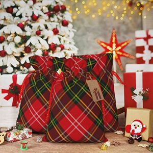 Drawstrings Christmas Gift Bags Red-Tartan-Green-Plaid Presents Wrapping Bags Xmas Gift Wrapping Sacks Pouches Medium