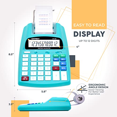 Printing Calculator with 12 Digit LCD Display Screen, 2.03 Lines/sec, Two Color Printing, Adding Machine for Accounting Use, AC Adapter Included (Light Blue)