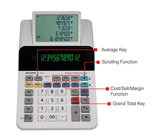 Sharp El-1501 Compact Cordless Paperless Large 12-Digit Display Desktop Printing Calculator That Utilizes Printing Calculator Logic