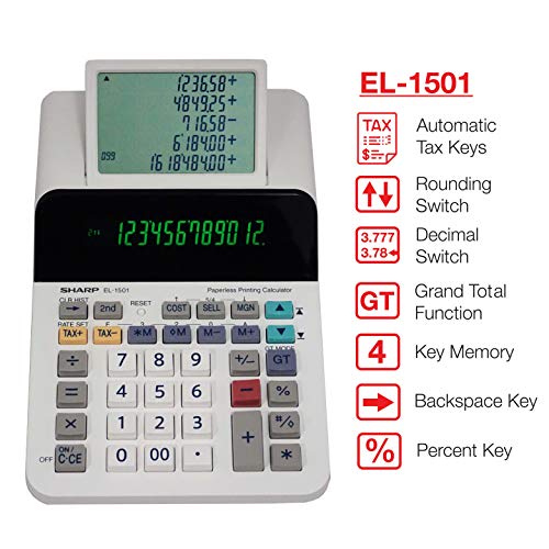 Sharp El-1501 Compact Cordless Paperless Large 12-Digit Display Desktop Printing Calculator That Utilizes Printing Calculator Logic