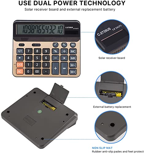 Calculator, Solar Battery Calculator Dual Power Large Standard Function Desktop Business Calculators, 12-Digit LCD Display Big Number Electronics Calculator for Office Finance School Student