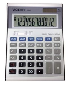 victor 6500 12-digit desktop financial calculator, loan & mortgage payments and interest calculator for real estate, cars, boats, and homes. battery and solar hybrid powered lcd display, white