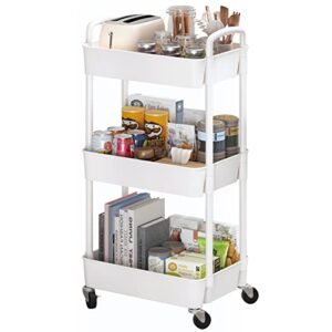 sywhitta 3-tier plastic rolling utility cart with handle, multi-functional storage trolley for office, living room, kitchen, movable storage organizer with wheels, white