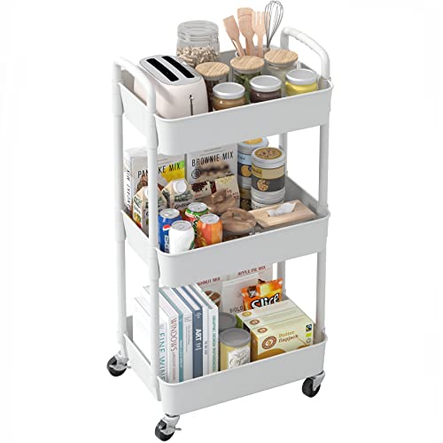 Sywhitta 3-Tier Plastic Rolling Utility Cart with Handle, Multi-Functional Storage Trolley for Office, Living Room, Kitchen, Movable Storage Organizer with Wheels, White