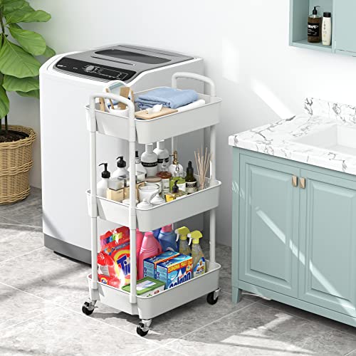 Sywhitta 3-Tier Plastic Rolling Utility Cart with Handle, Multi-Functional Storage Trolley for Office, Living Room, Kitchen, Movable Storage Organizer with Wheels, White