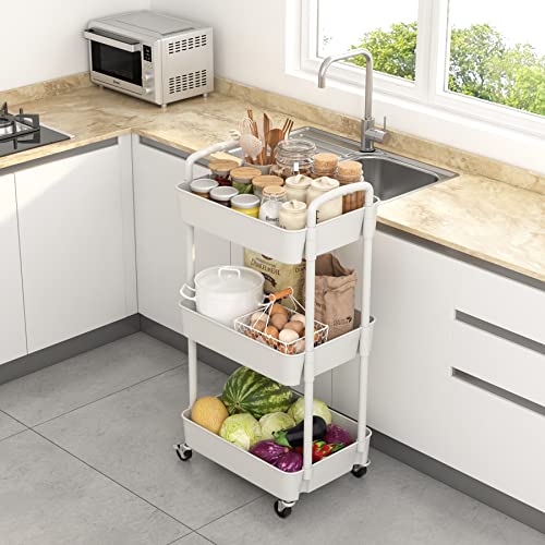 Sywhitta 3-Tier Plastic Rolling Utility Cart with Handle, Multi-Functional Storage Trolley for Office, Living Room, Kitchen, Movable Storage Organizer with Wheels, White